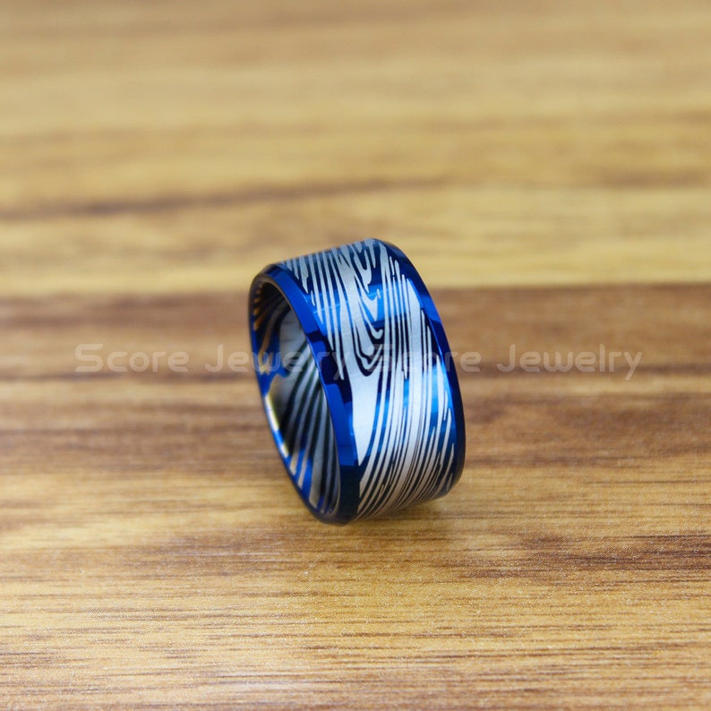 Damascus Steel Ring 12mm Blue Tungsten Band With Beveled Edge | Etsy