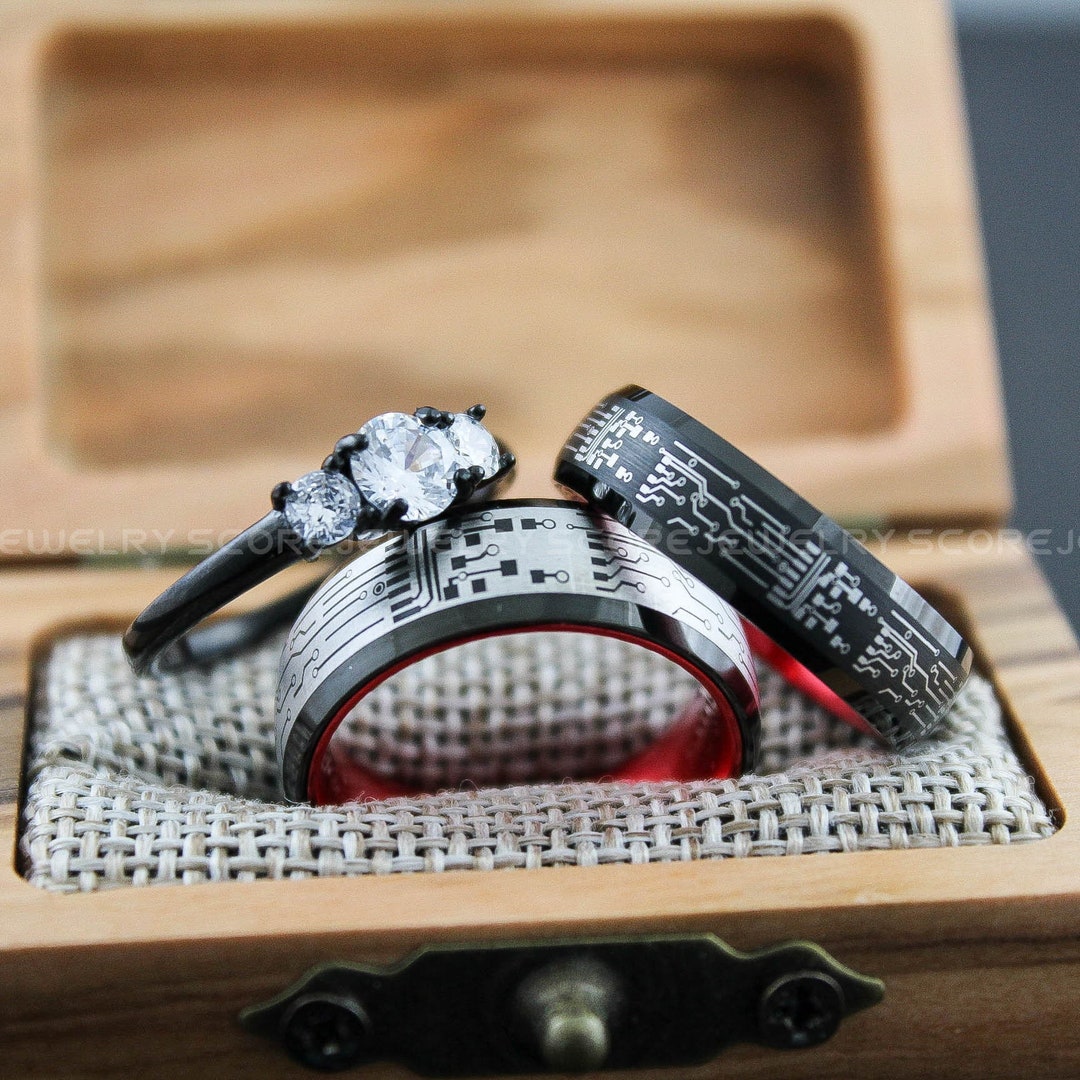 Circuit Board Rings, Gamer Rings, 3 Piece Couple Set Black Tungsten ...