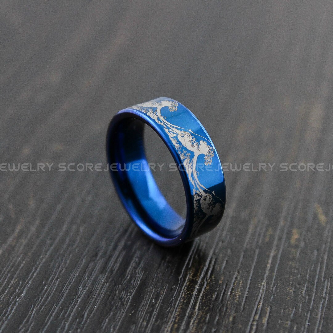 Wave Ring, Ocean Wave Ring, Beach Jewelry, 8mm Blue Tungsten Wedding ...