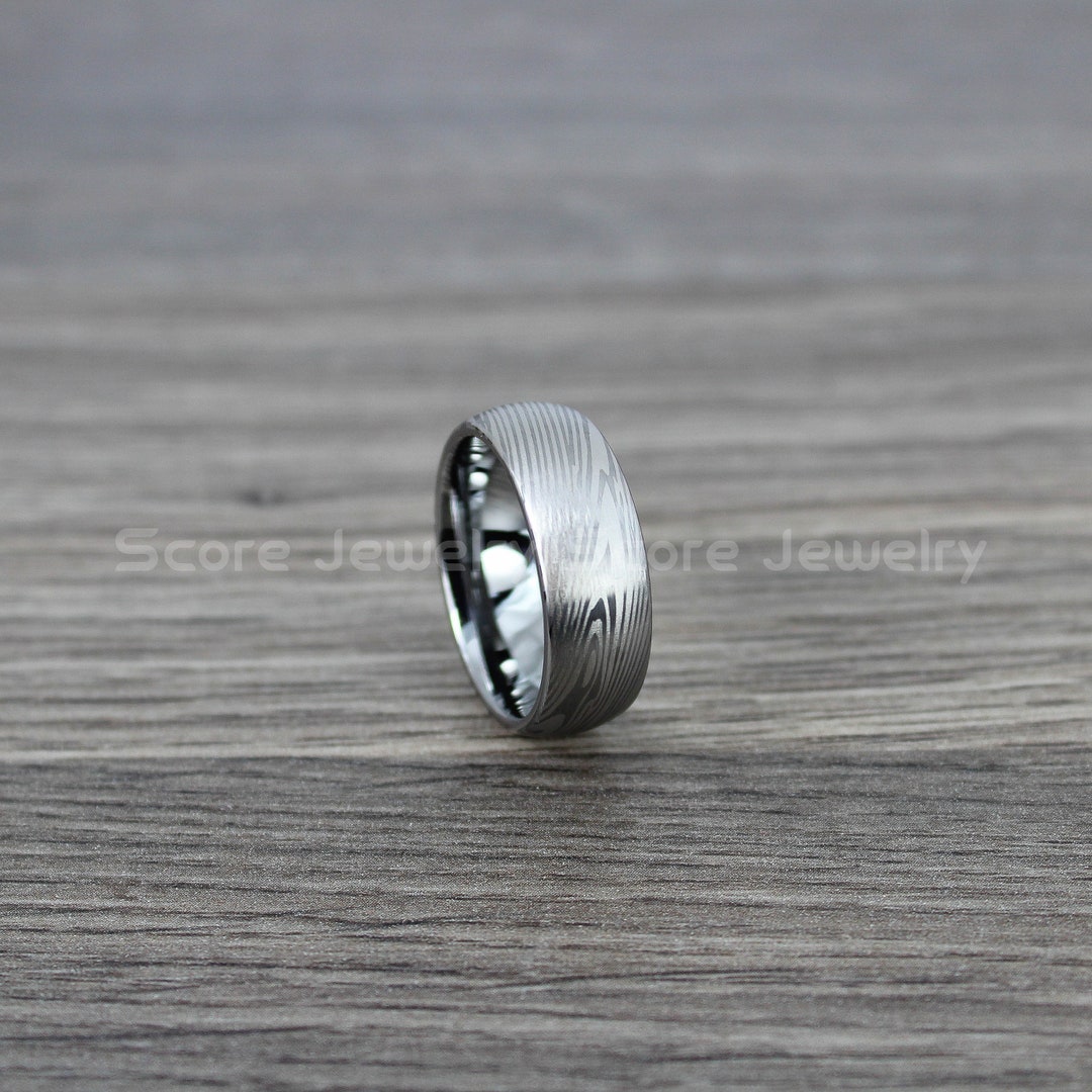 Damascus Steel Ring, 8mm Silver Tungsten Band With Domed Edge Damascus ...