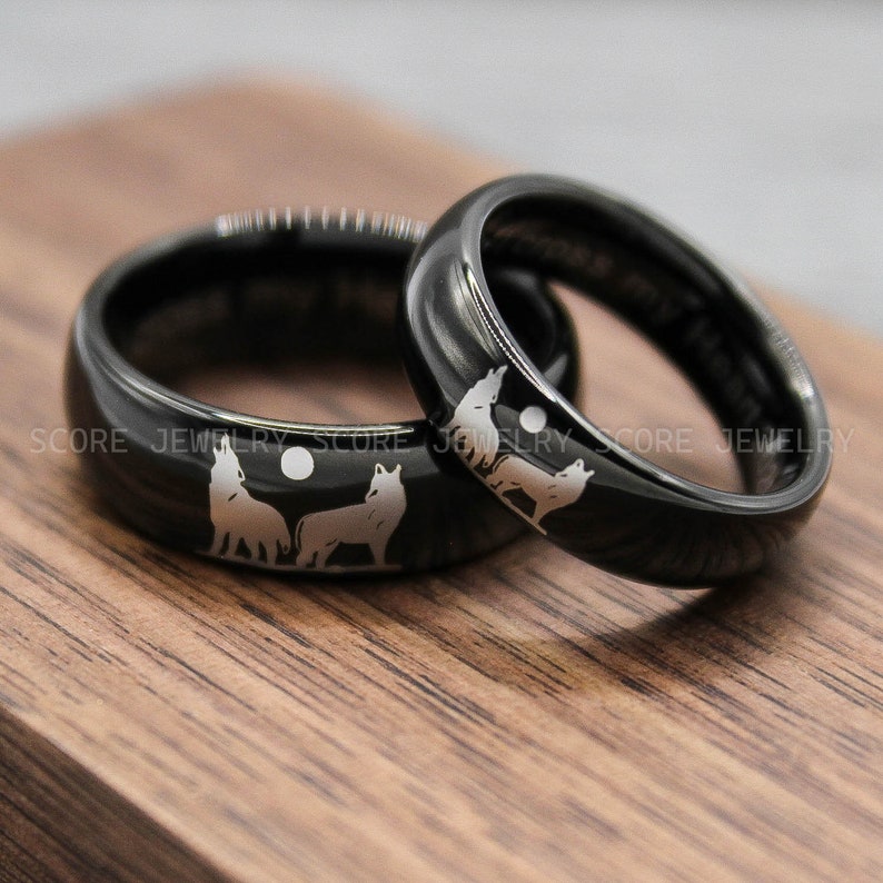 Wolves Wedding Rings Set, 3 Piece Couple Set 8mm & 6mm Black Tungsten ...