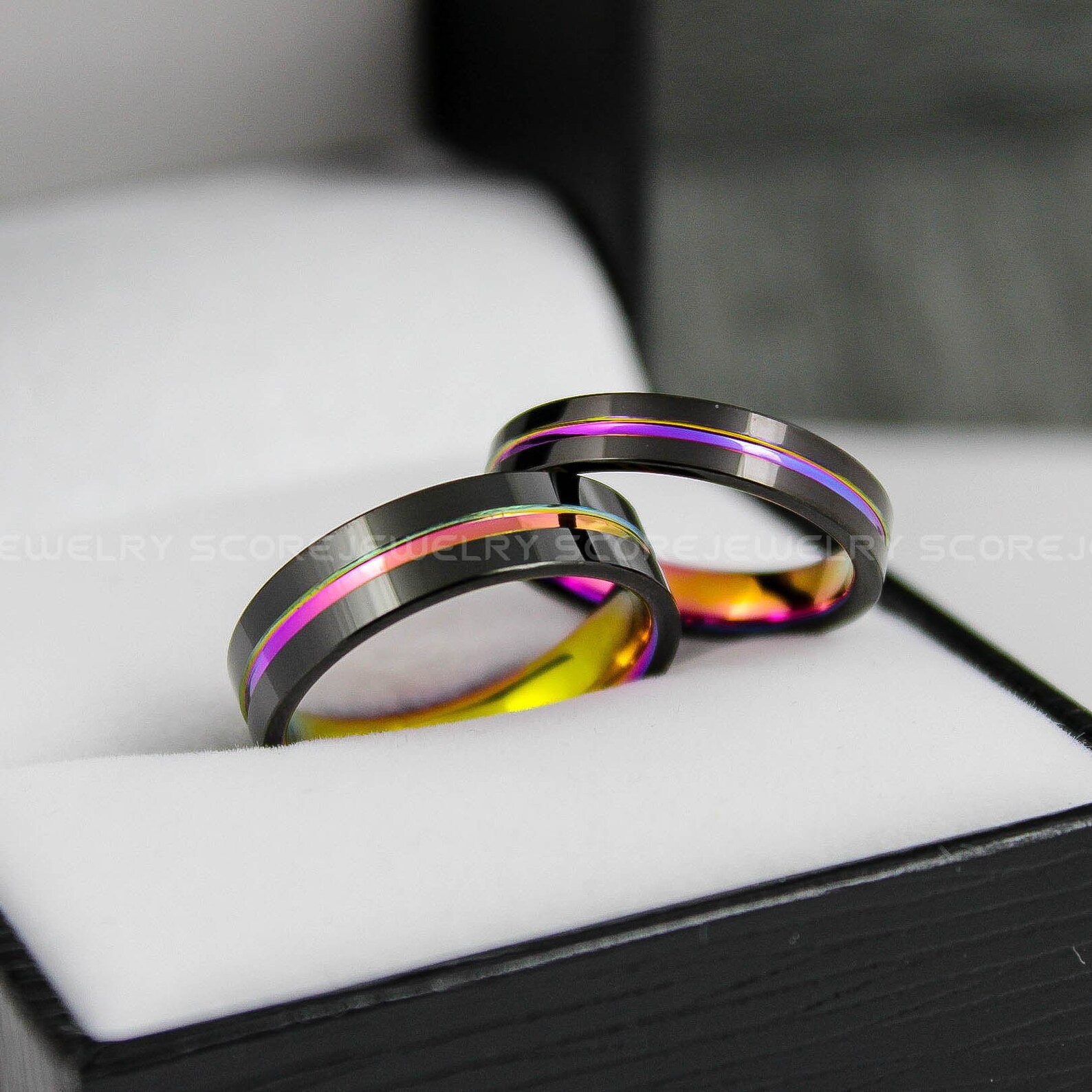 Rainbow Rings Rainbow Wedding Rings 2 Piece Couple Set Black | Etsy