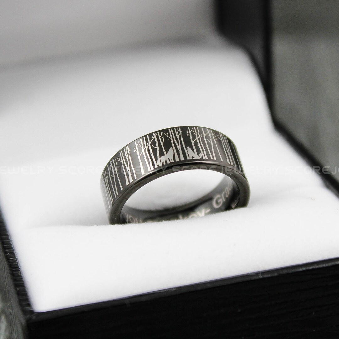 Wolf Ring, Wolf Howl Ring, Wolf in Forest Ring, Black Tungsten Ring ...