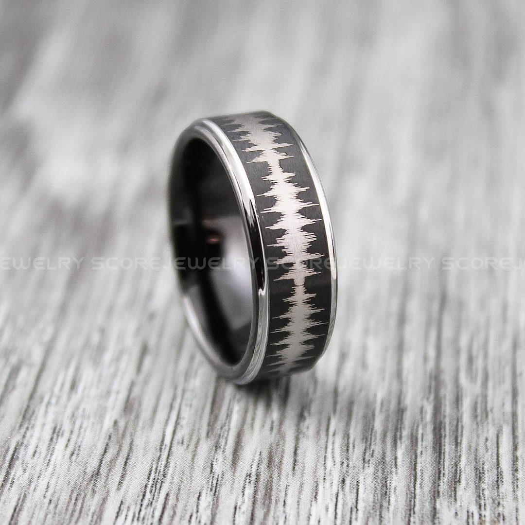 Sound Wave Ring, Soundwave Jewelry, Black Tungsten Band Step Edge Sound ...