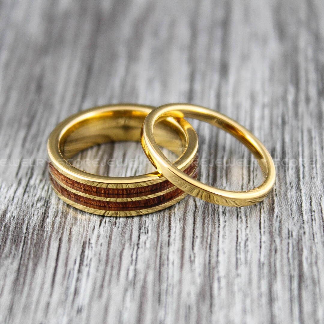 Wood Ring, Wood Wedding Ring, 2 Piece Couple Set 14K Yellow Gold ...