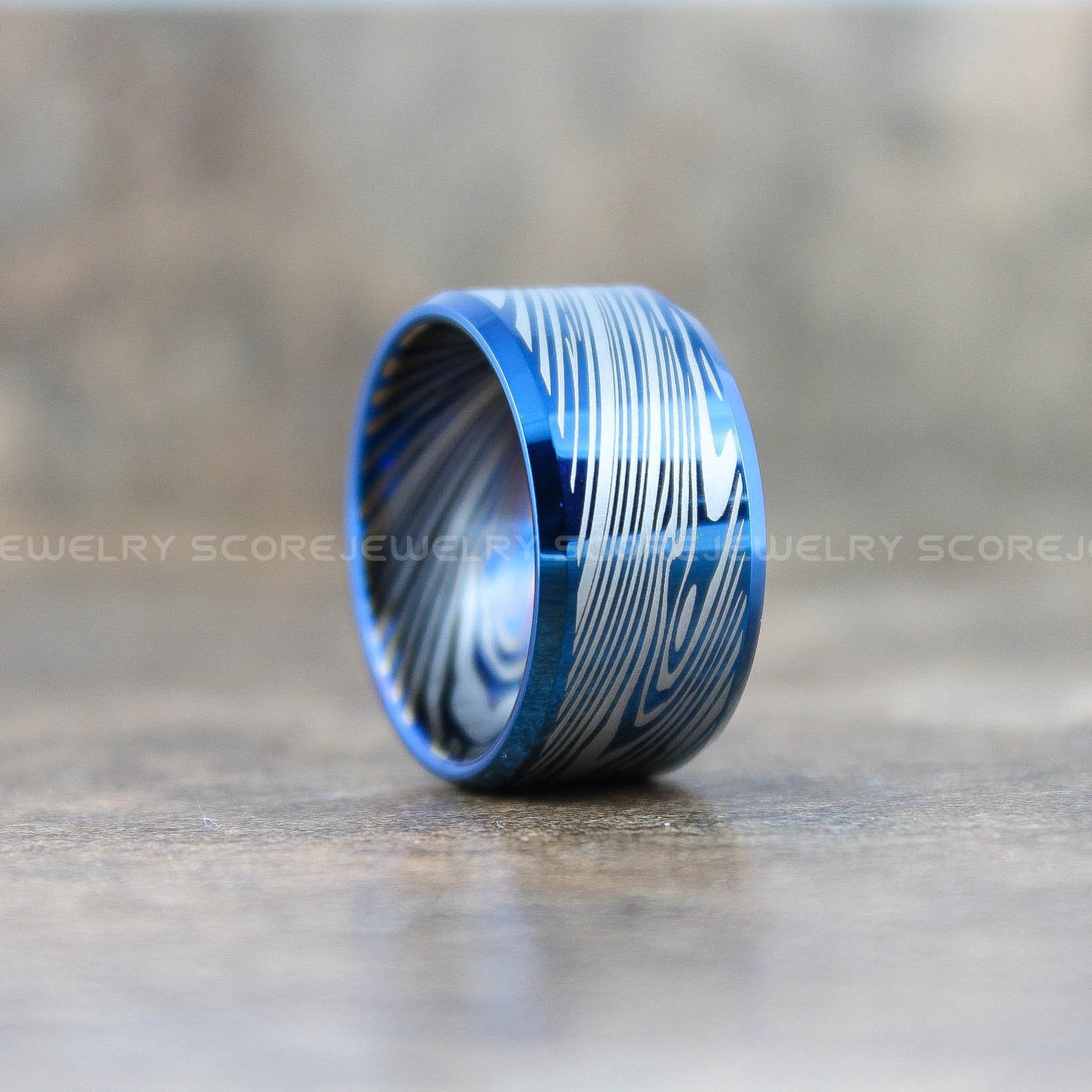 Damascus Steel Ring 12mm Blue Tungsten Band With Beveled Edge | Etsy