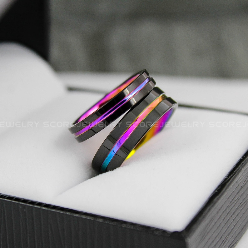 Rainbow Rings Rainbow Wedding Rings 2 Piece Couple Set Black - Etsy