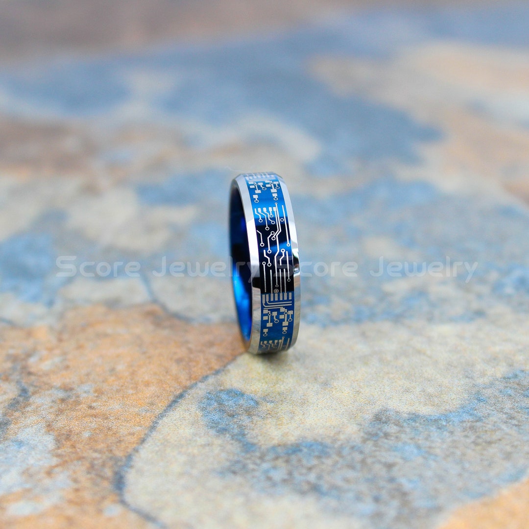 Circuit Board Ring, Gamer Ring, 6mm Blue Tungsten Band With Beveled ...