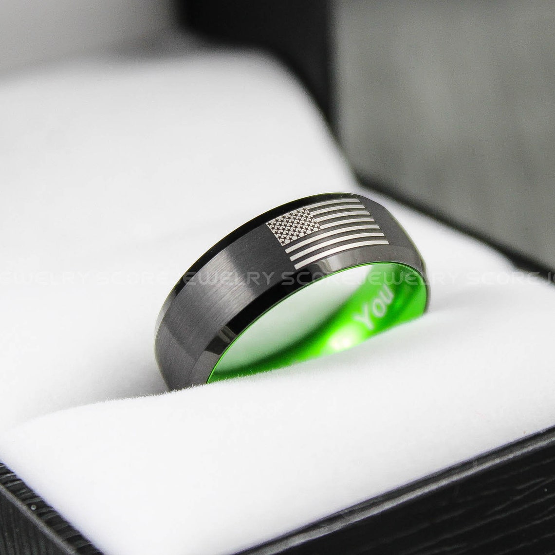 American Flag Ring, Military Ring, 8mm Black Tungsten Band With Domed ...