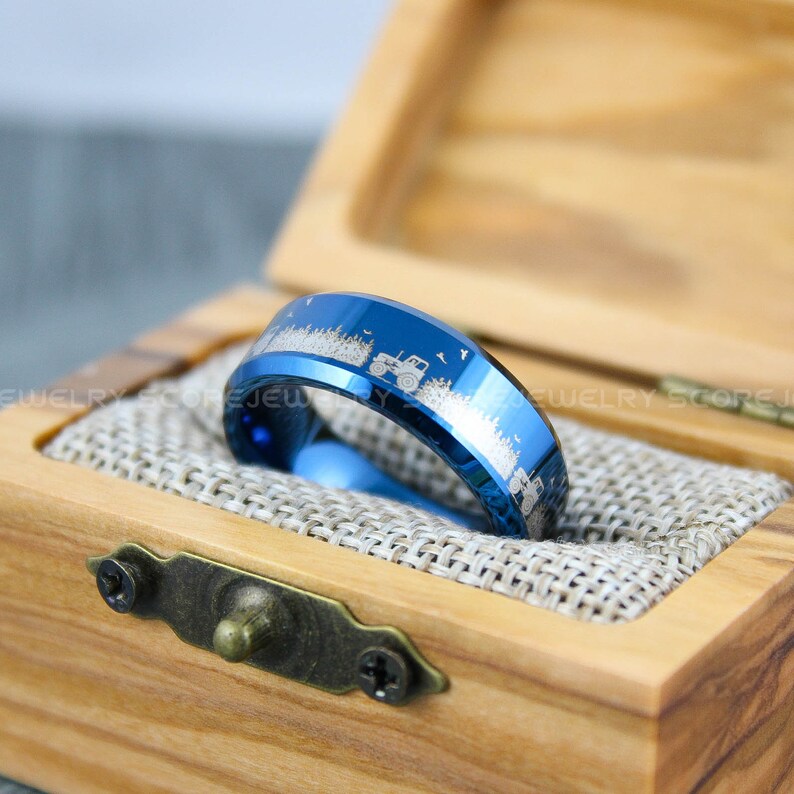 Tractor Ring, Farmer Ring, Rancher Ring 8mm Blue Tungsten Band Beveled ...