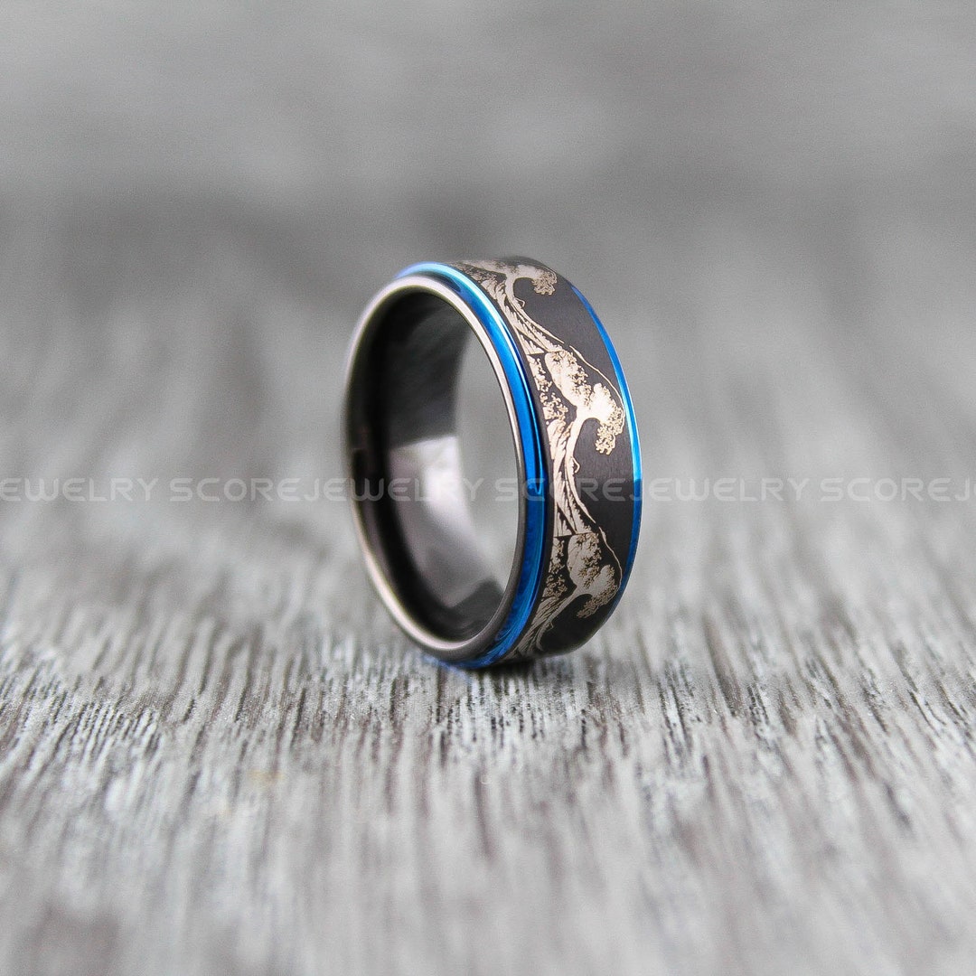 Wave Ring, Ocean Wave Ring, Beach Jewelry, 8mm Black Tungsten Wedding ...