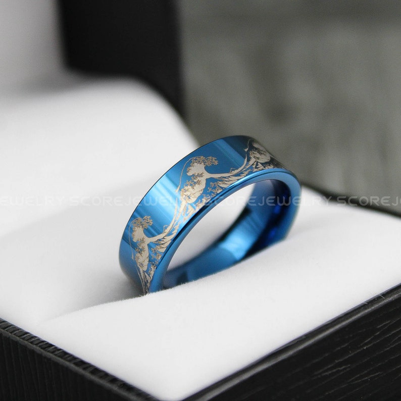 Wave Ring, Ocean Wave Ring, Beach Jewelry, 8mm Blue Tungsten Wedding ...