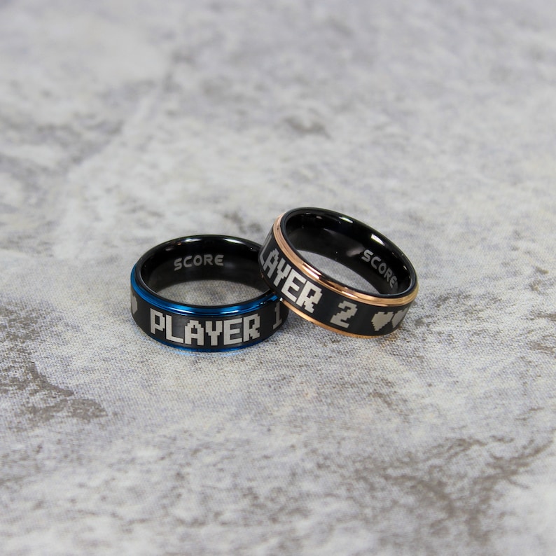 Gamer Rings 2 Piece Couple Set Black Tungsten Bands With Step | Etsy