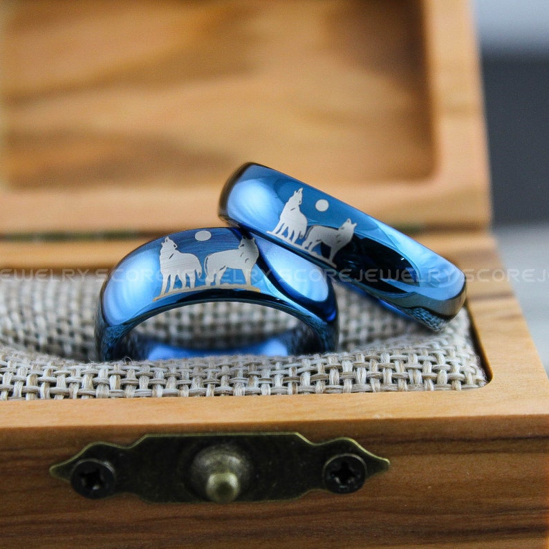 Wolves Wedding Rings Set, 3 Piece Couple Set 8mm & 6mm Blue Tungsten ...