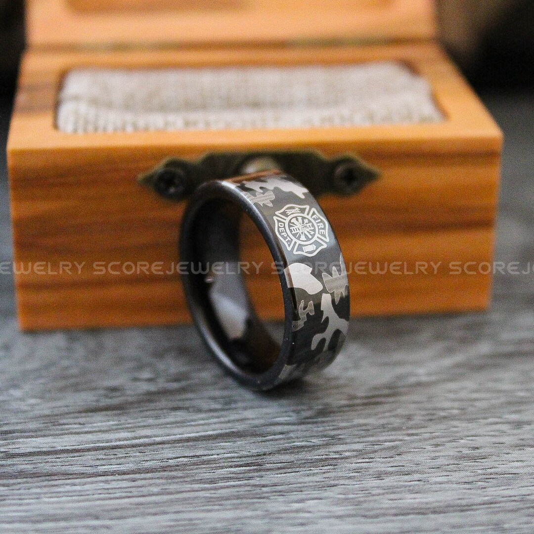 Fire Department Ring, Fireman Ring, Camo Ring, Black Tungsten Band With ...
