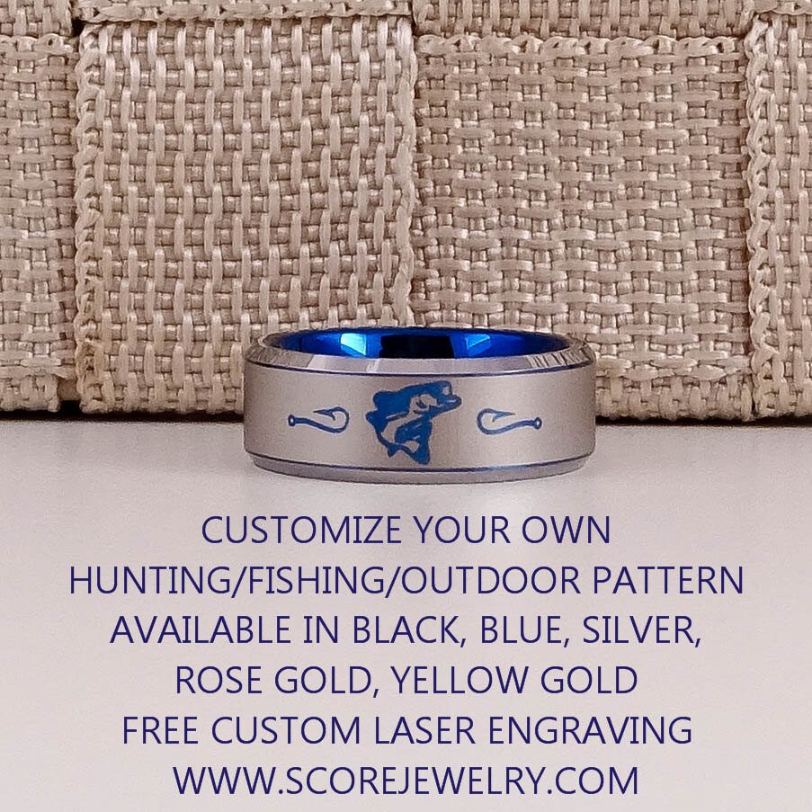 Fishing Ring, Fish Hooks Ring, 8mm Blue Tungsten Band With Beveled Edge ...
