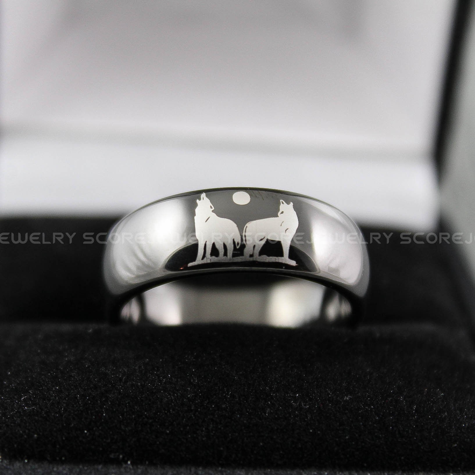Wolves Wedding Rings Set, 3 Piece Couple Set 8mm & 6mm Black Tungsten ...