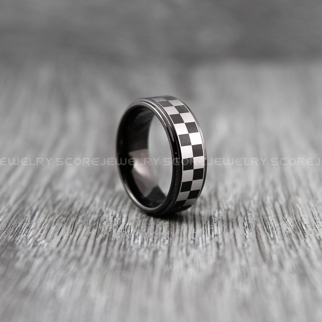 Checkered Flag Ring, Racing Ring, 8mm Black Tungsten Wedding Band With ...