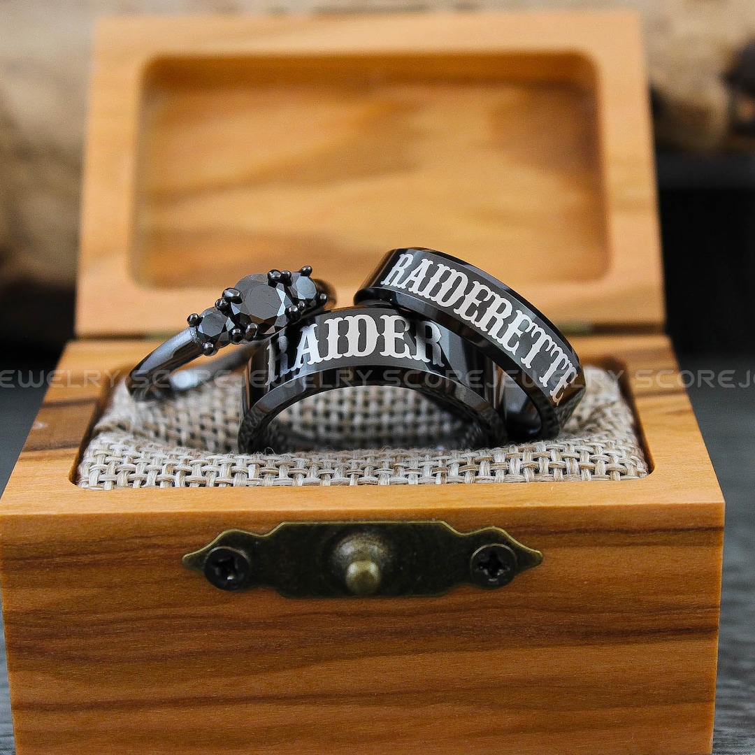 Raider Raiderette Rings, 3 Piece Couple Set Black Tungsten Rings With ...