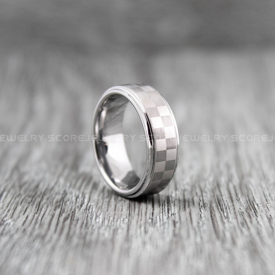 Checkered Flag Ring, Racing Ring, 8mm Silver Tungsten Wedding Band With ...