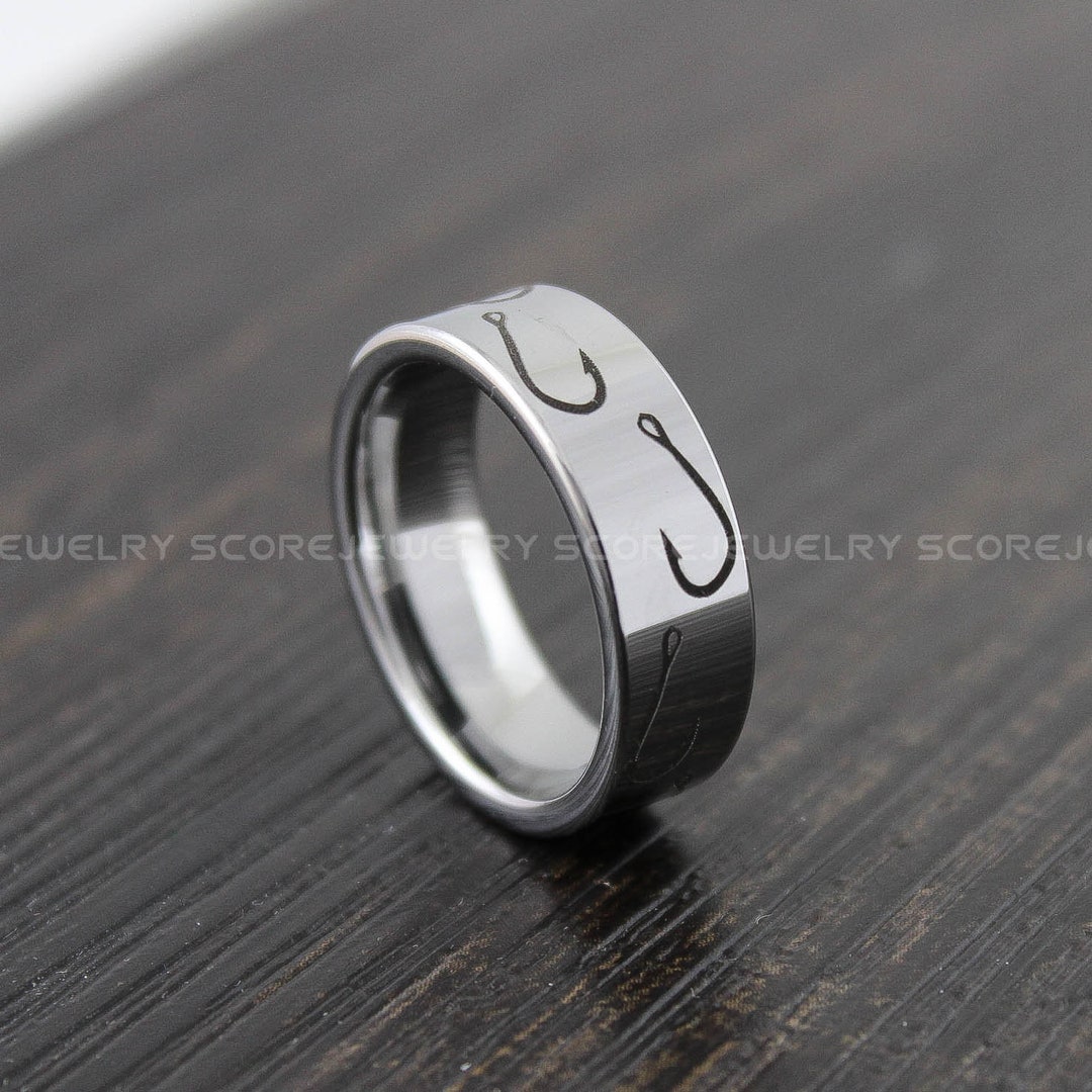 Fishing Ring, Fish Hook Ring, Fishing Jewelry, 8mm Silver Tungsten Band ...