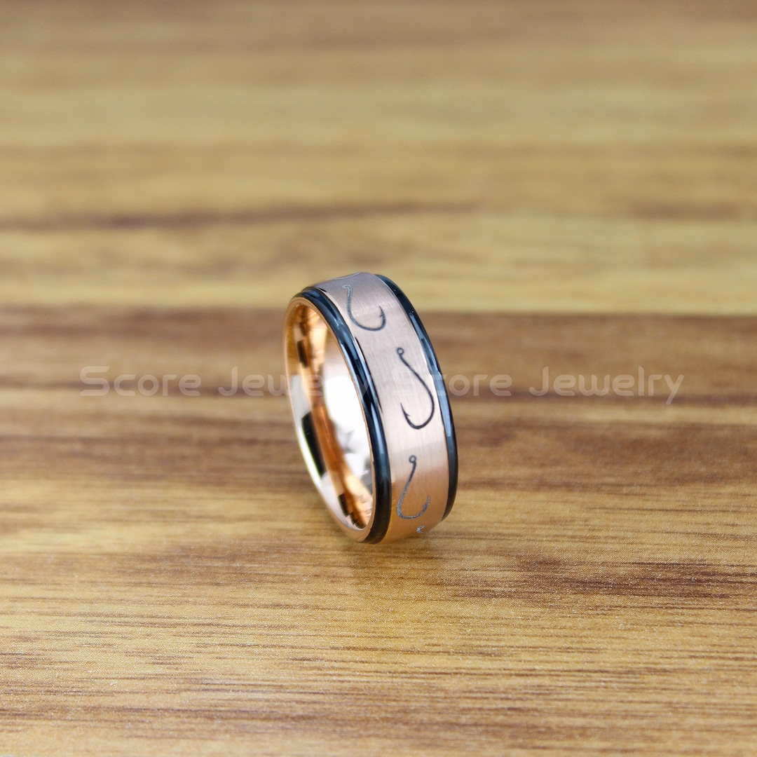 Fishing Ring, Fishing Wedding Ring, 8mm 14K Rose Gold Tungsten Wedding ...