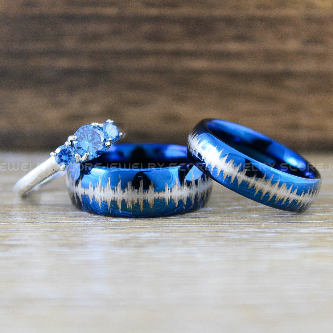 Sound Wave Rings, Soundwave Jewelry, Blue Tungsten Bands Domed Edge ...