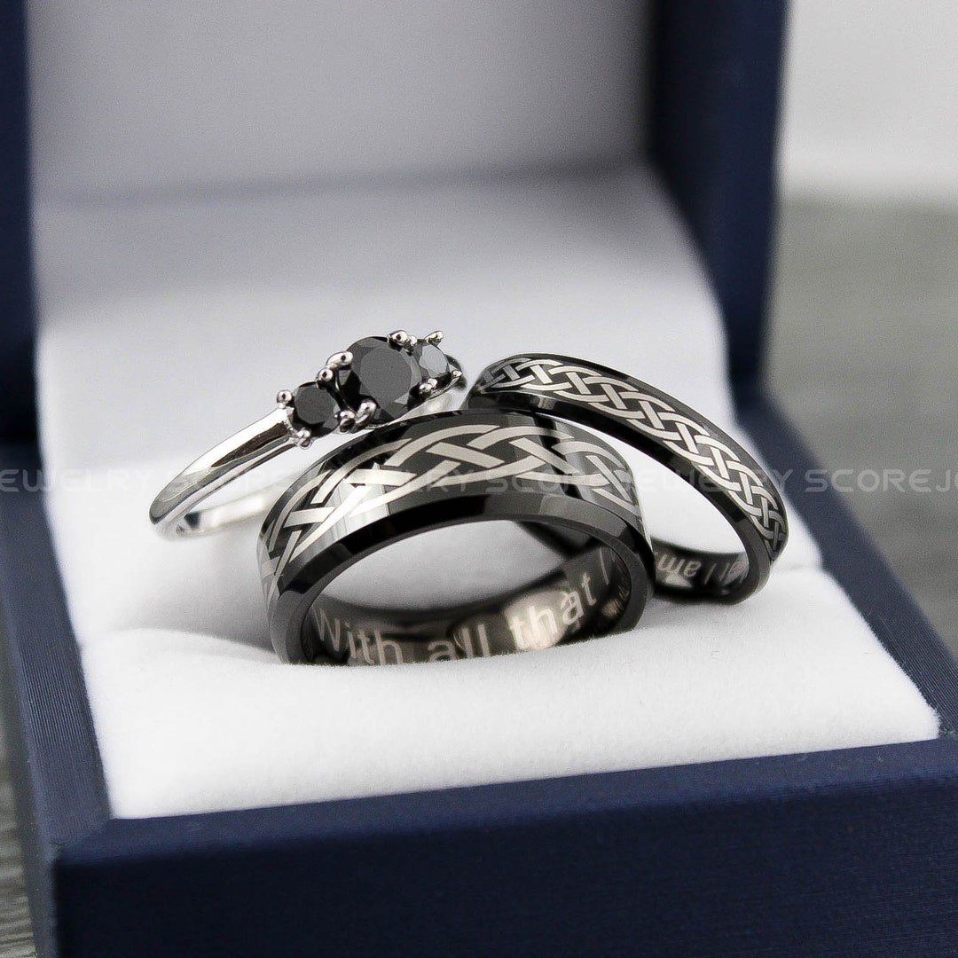 Celtic Knot Rings, Couple Rings Set, 3 Piece Couple Set 8mm & 4mm Black ...