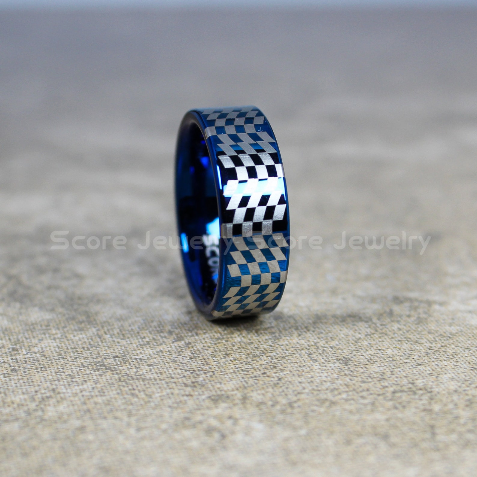 Racing Flag Ring Checkered Flag Ring Blue Tungsten Band With - Etsy