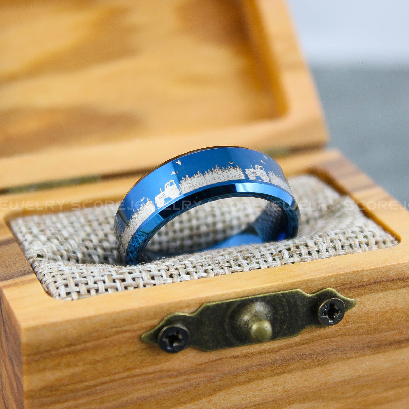 Tractor Ring, Farmer Ring, Rancher Ring 8mm Blue Tungsten Band Beveled ...