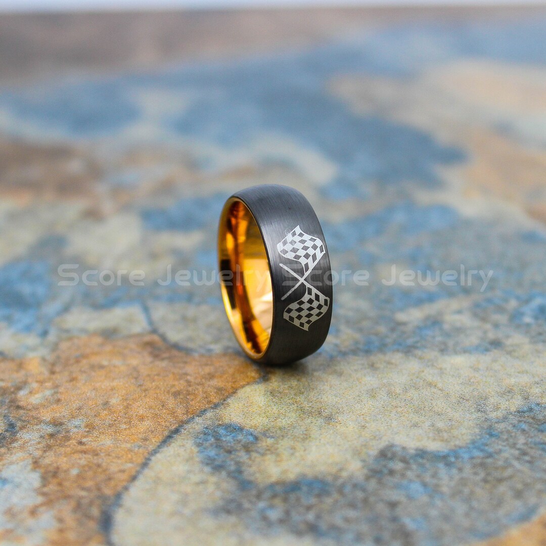 Racing Flag Ring, Checkered Flag Ring, 8mm Gunmetal Tungsten Band With ...