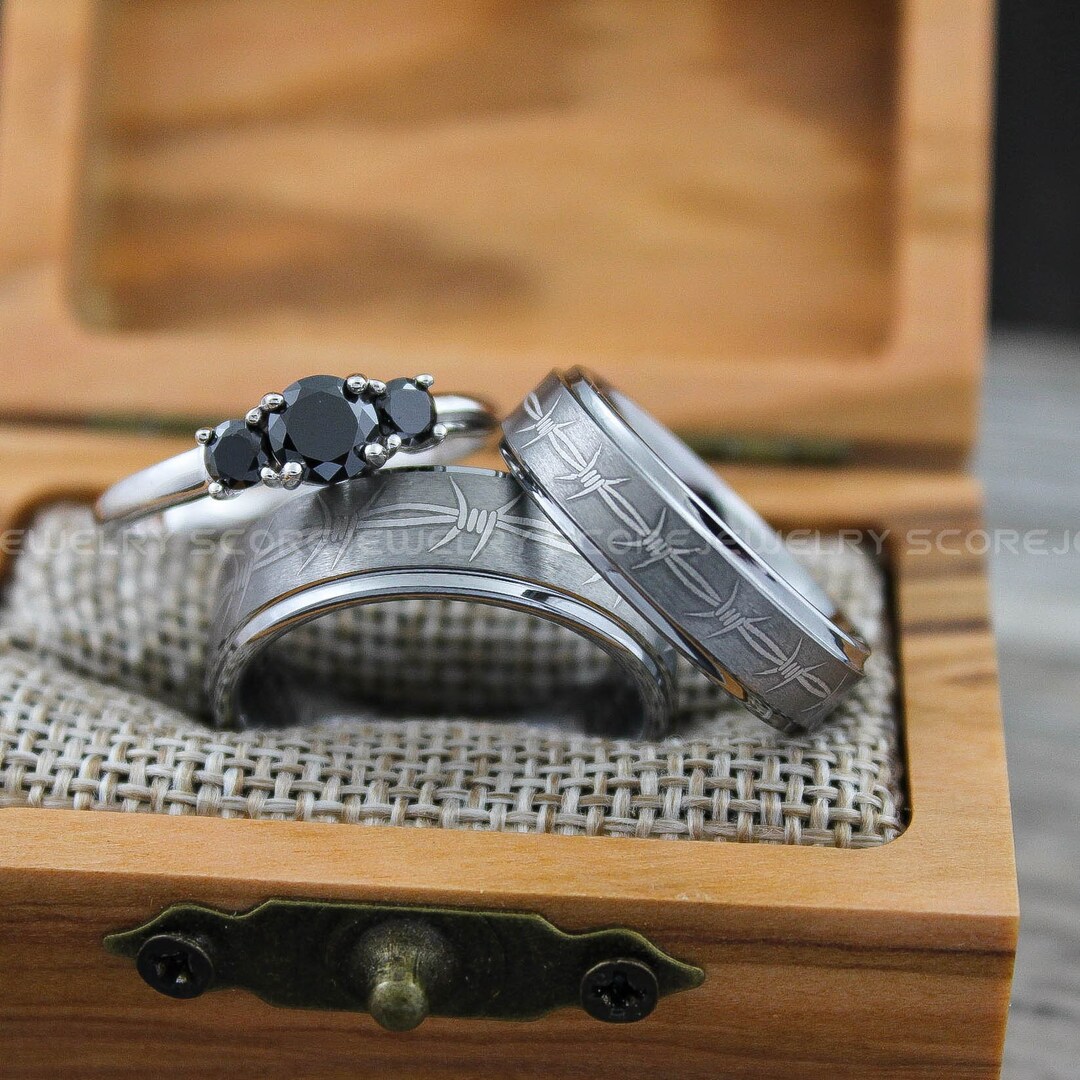 Barbed Wire Rings, Barbed Wire Wedding Rings, 3 Piece Couple Set Silver ...