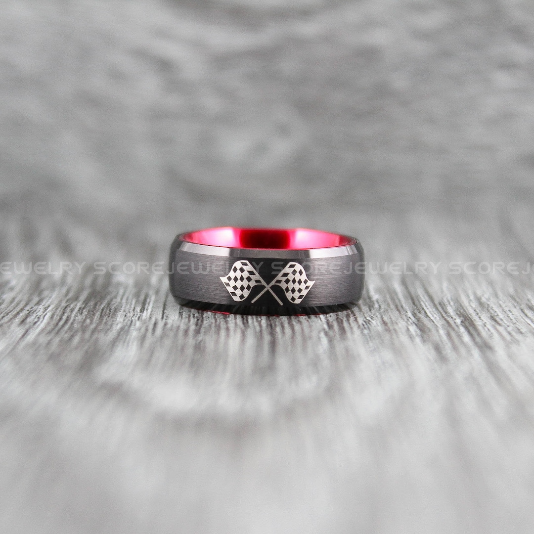 Racing Ring, Checkered Flag Ring, Black Tungsten Band Domed Edge and ...