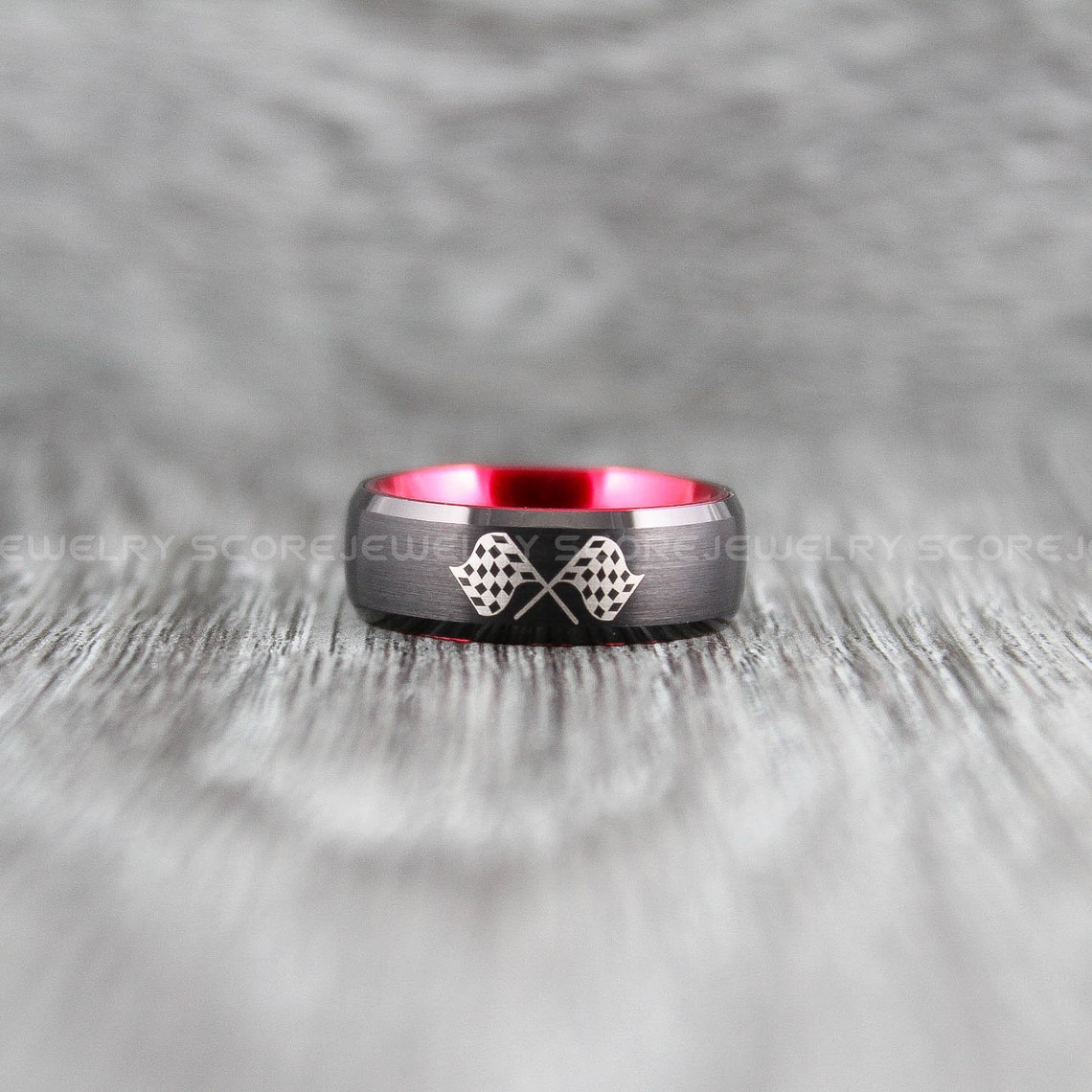 Racing Ring, Checkered Flag Ring, Black Tungsten Band Domed Edge and ...