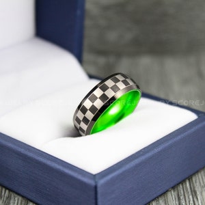 Racing Flag Ring, Checkered Flag Ring, Black Tungsten Band With Domed ...