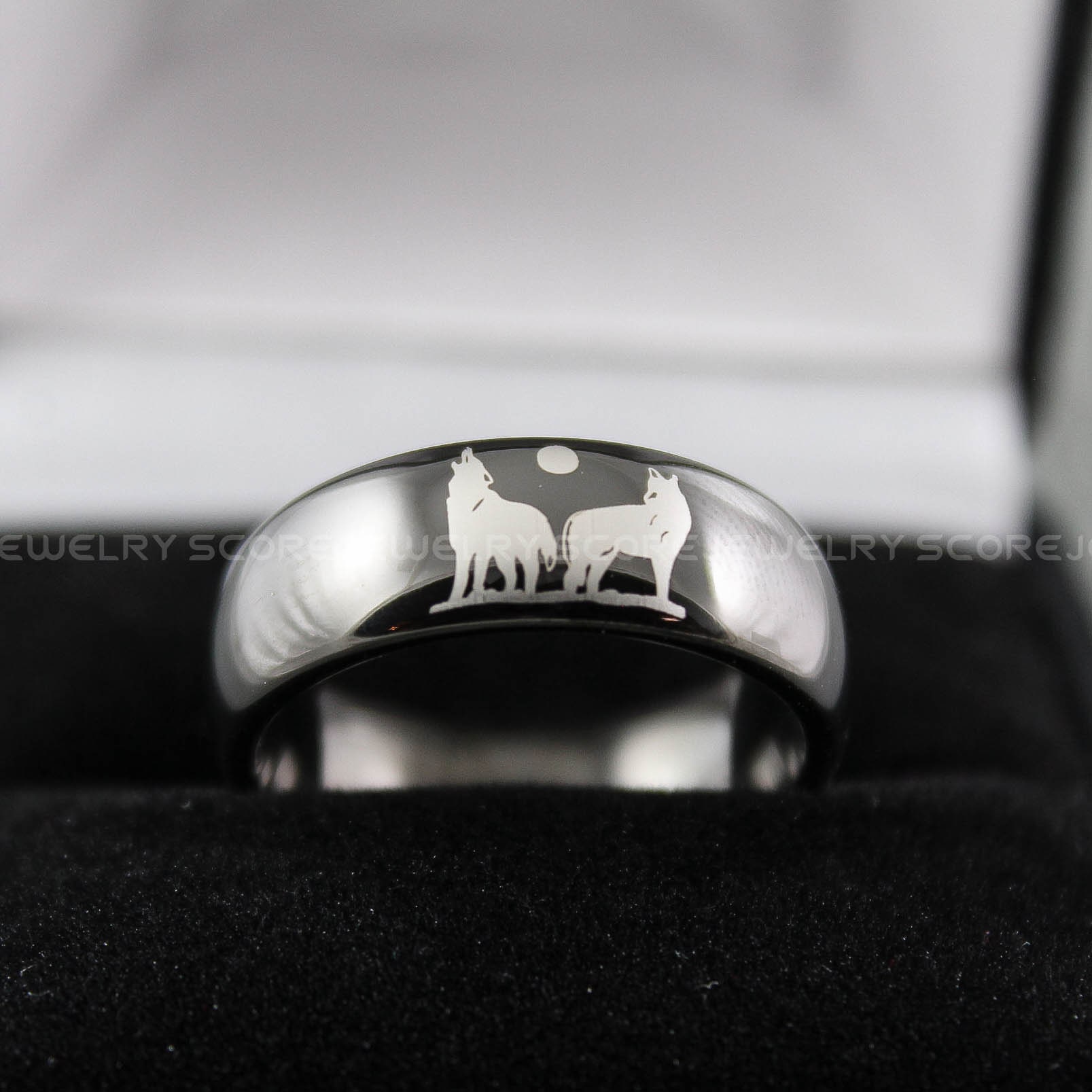 Wolves Wedding Rings Set, 3 Piece Couple Set 8mm & 6mm Black Tungsten ...