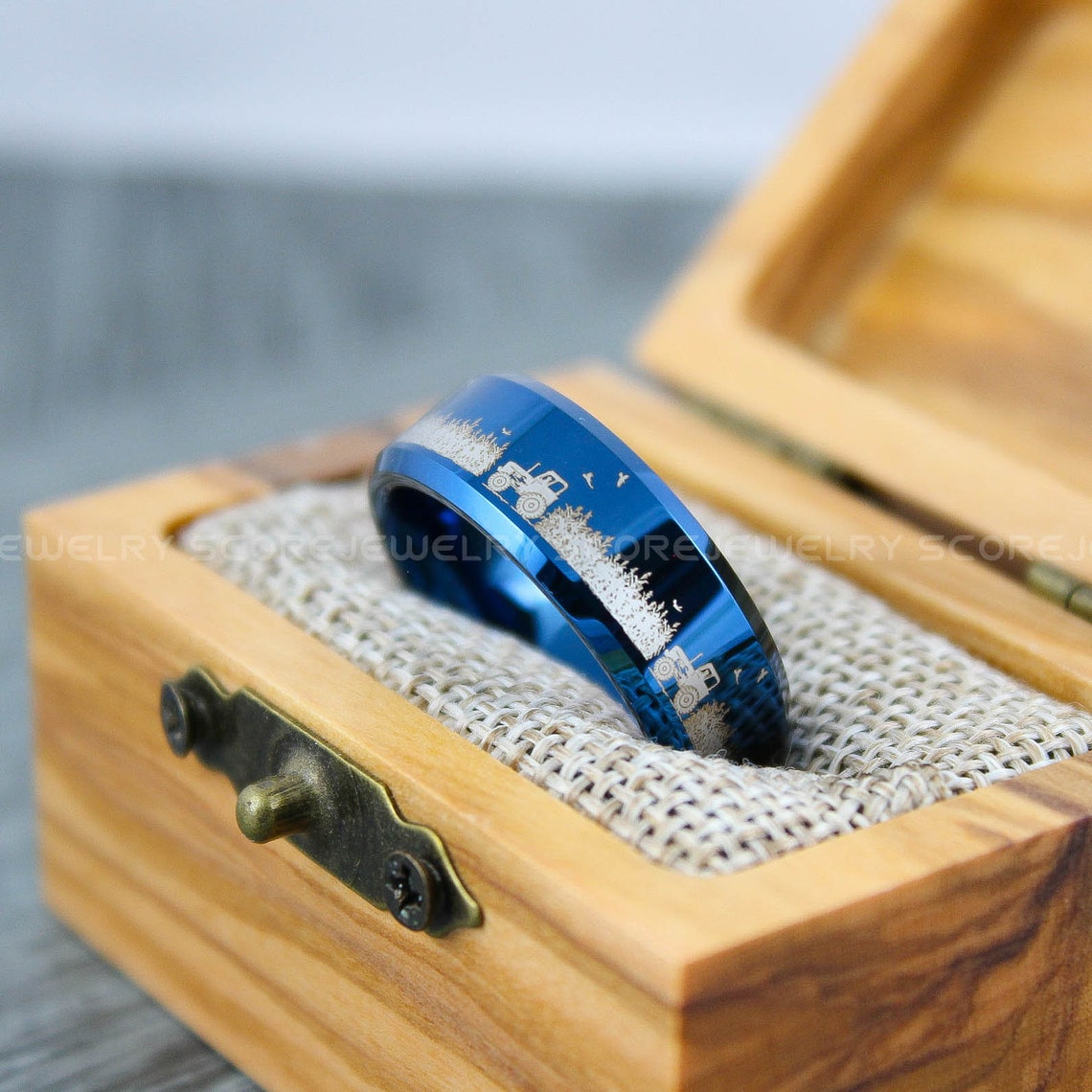 Tractor Ring, Farmer Ring, Rancher Ring 8mm Blue Tungsten Band Beveled ...