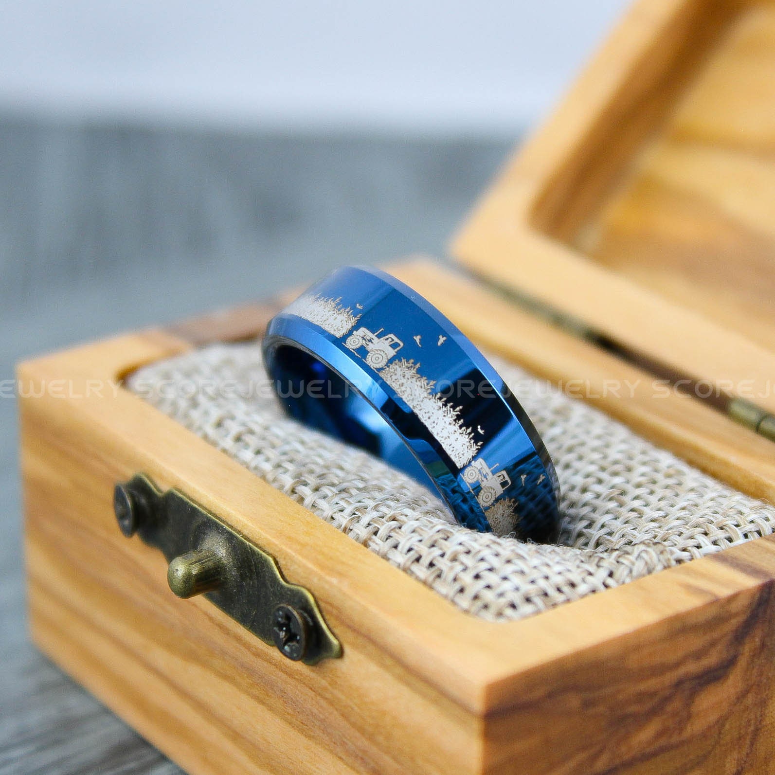Tractor Ring, Farmer Ring, Rancher Ring 8mm Blue Tungsten Band Beveled ...