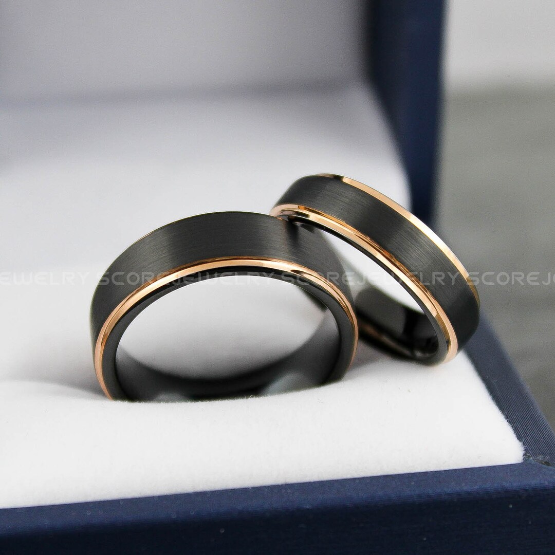Black Wedding Rings, 2 Piece Couple Set 8mm & 6mm Black Tungsten Bands ...