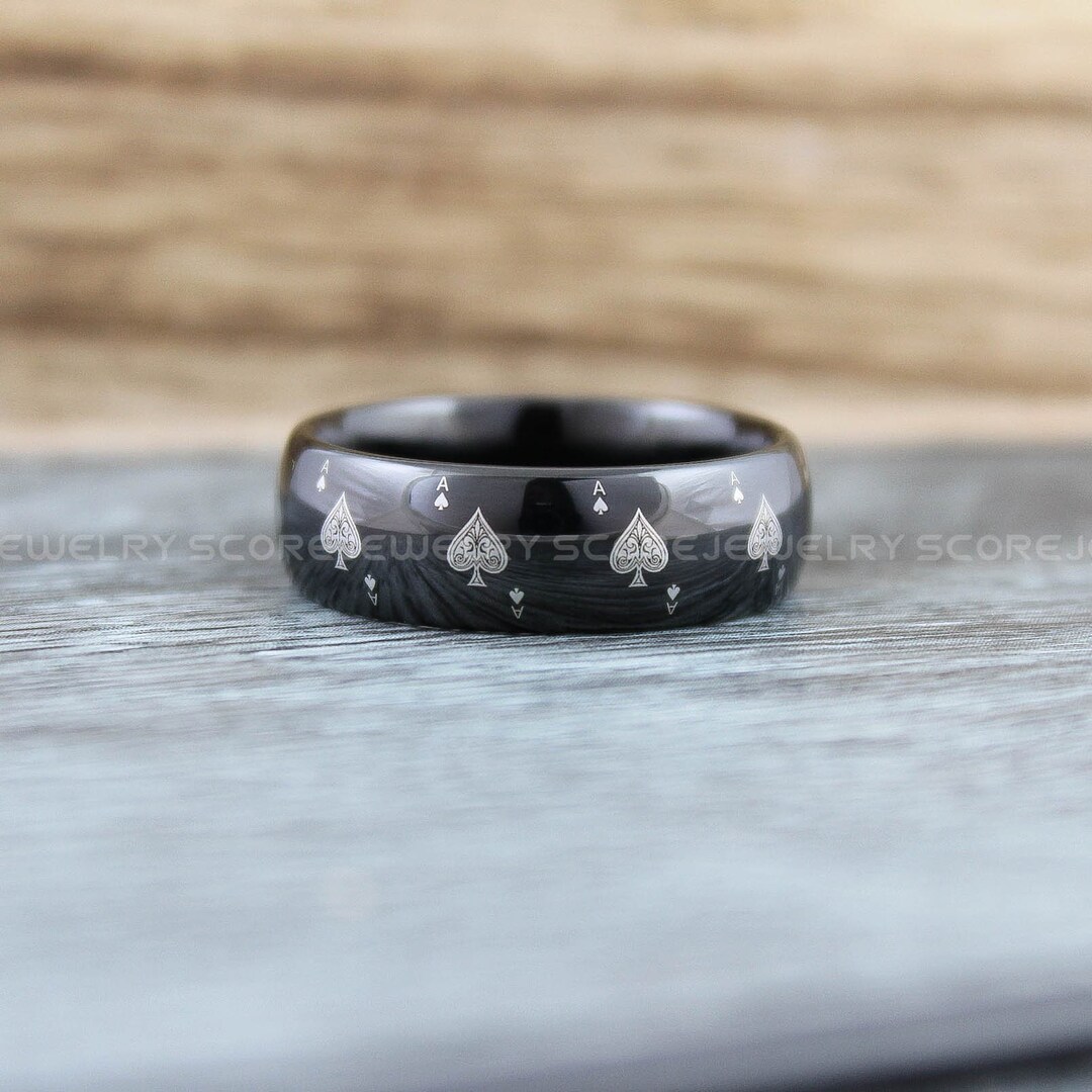 Ace of Spades Ring, Poker Ring, 8mm Black Tungsten Band With Domed Edge ...
