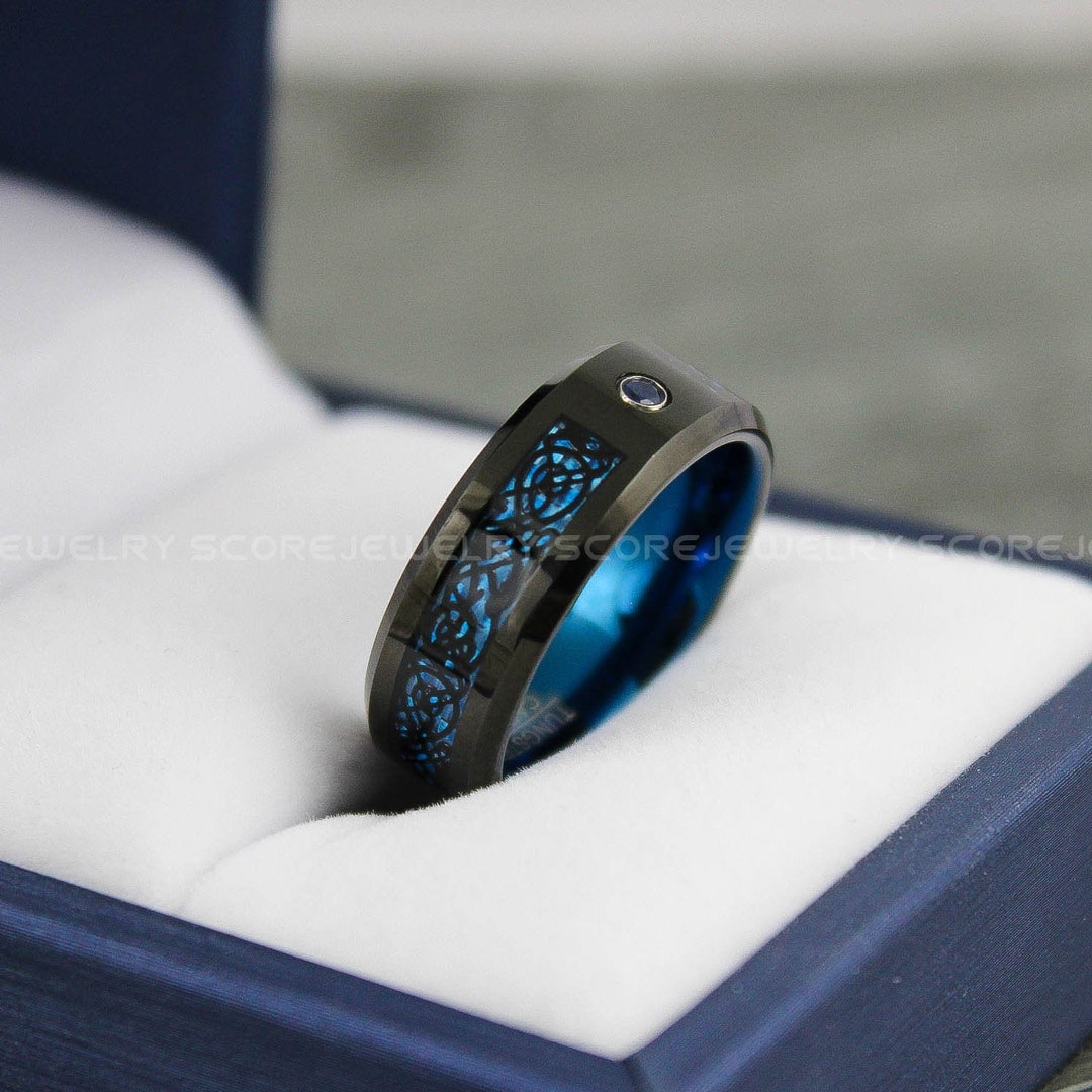 Black Wedding Ring, 8mm Black Tungsten Band With Beveled Edge Blue ...