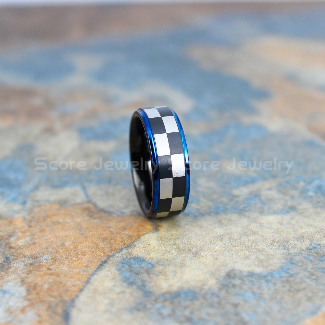 Checkered Flag Ring, Racing Ring, 8mm Black Tungsten Wedding Band With ...