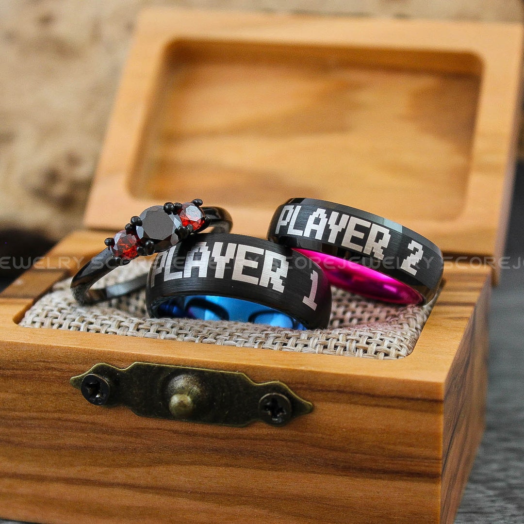 Gamer Rings, Player 1 Player 2 Rings, 3 Piece Couple Set Tungsten Bands ...