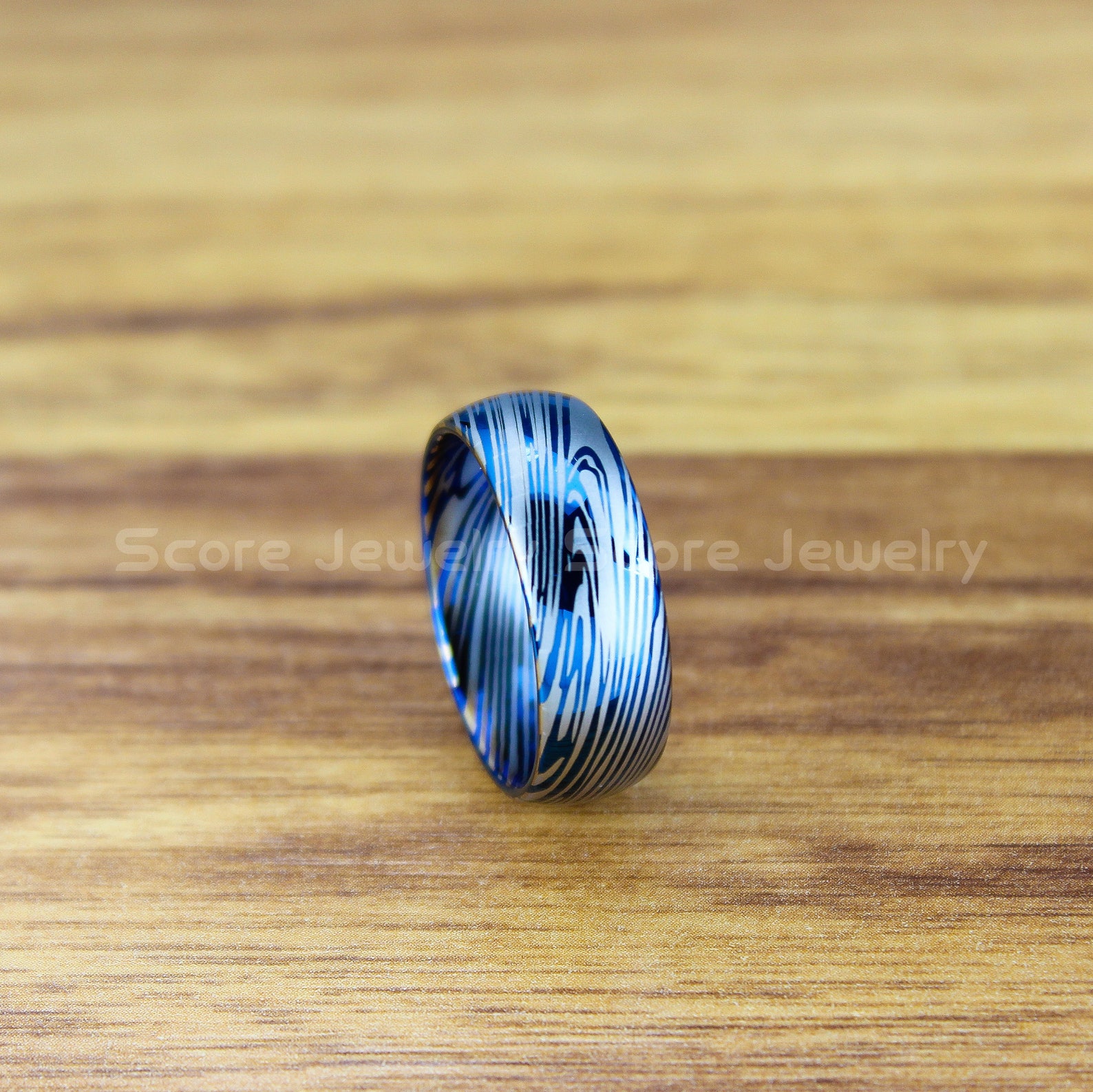Damascus Steel Ring, Damascus Steel Wedding Ring, 8mm Blue Tungsten ...