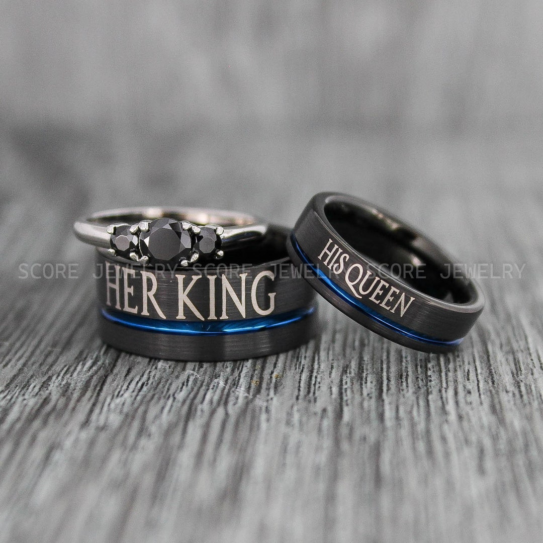 King and Queen Rings, Couple Rings, 3 Piece Couple Set Black Tungsten ...
