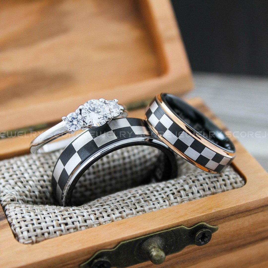 Racing Ring, Checkered Flag Ring 3 Piece Couple Set Tungsten Bands 2mm ...