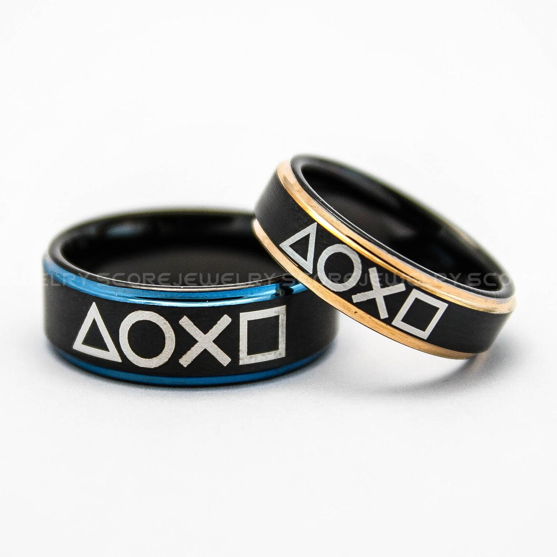 Gamer Rings, Gamer Jewelry, 2 Piece Couple Set Blue Tungsten Bands With ...