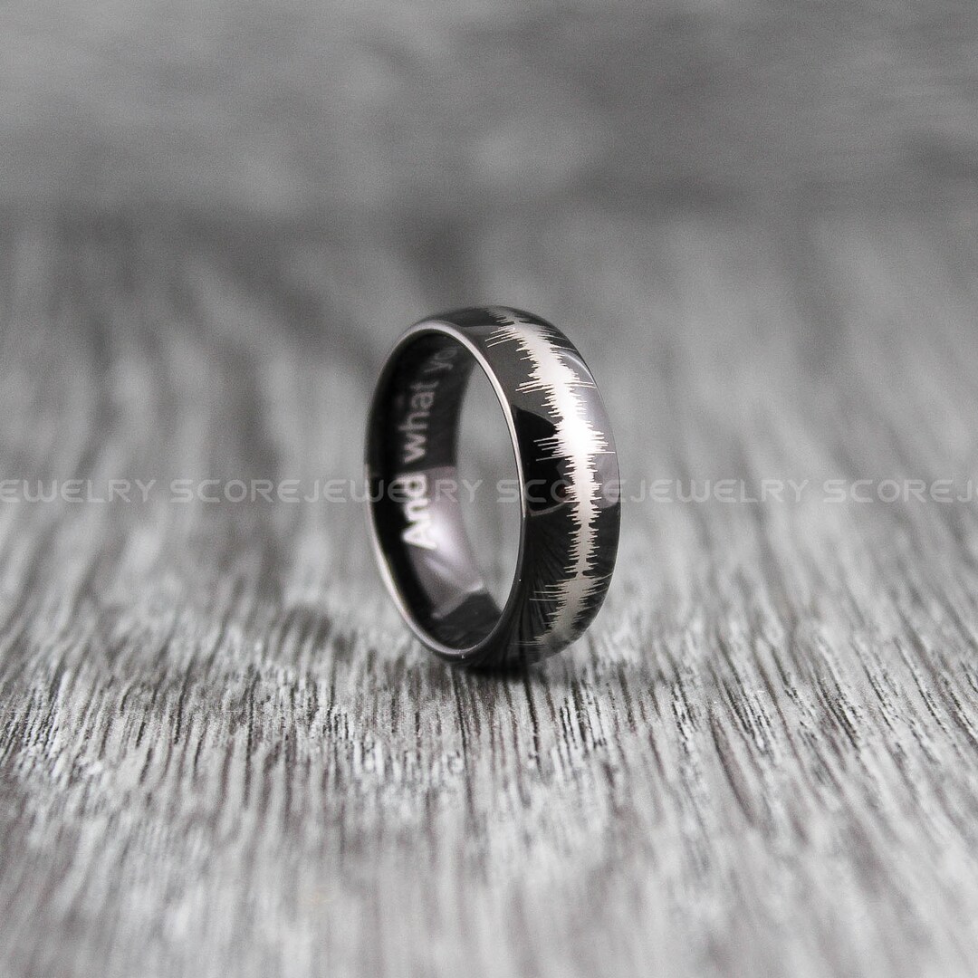Sound Wave Ring, Soundwave Jewelry, Black Tungsten Band Domed Edge ...