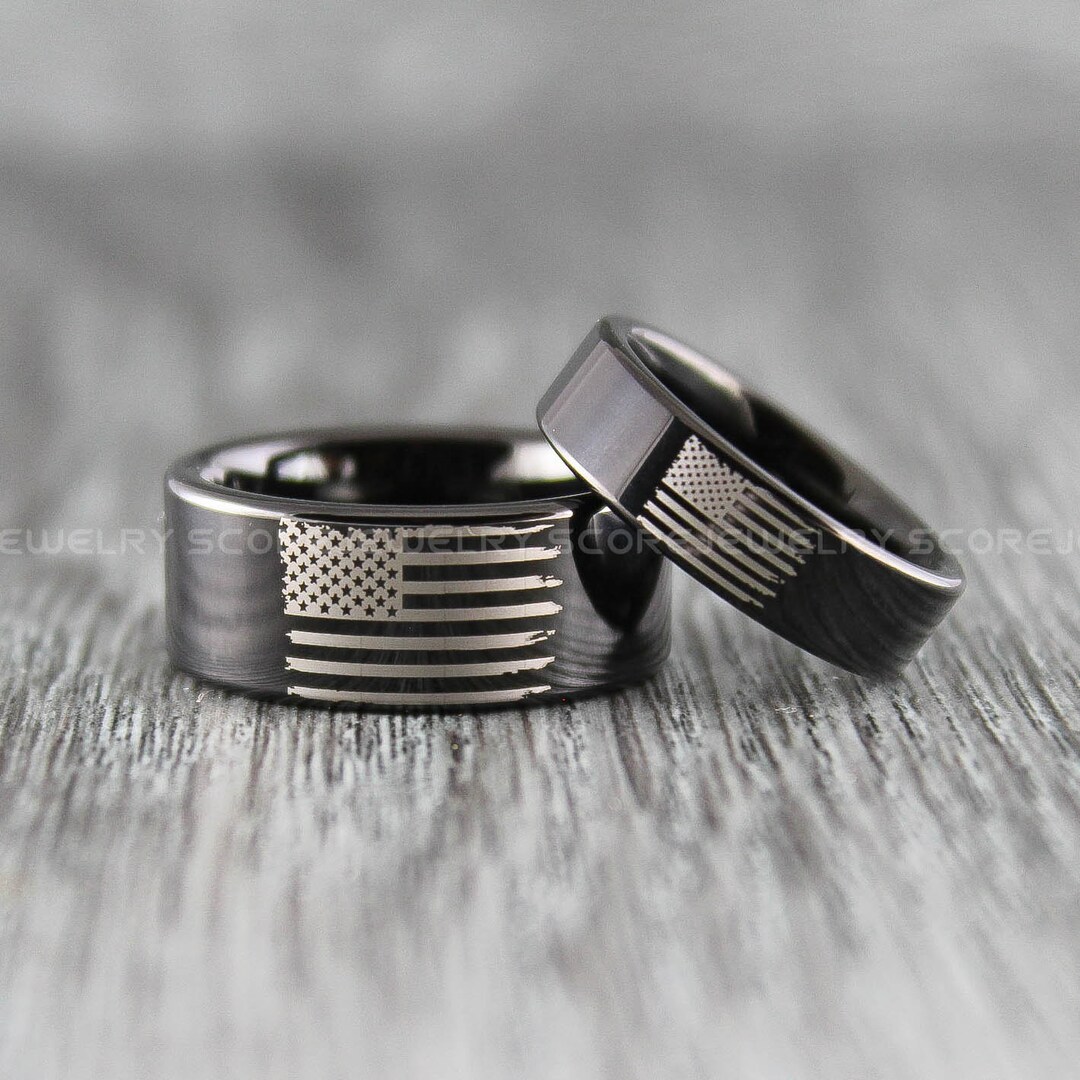 American Flag Rings, 2 Piece Couple Set 10mm & 6mm Black Tungsten Bands ...
