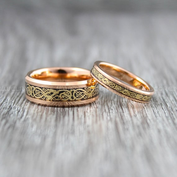 Rose Gold Wedding Rings 2 Piece Couple Set Tungsten Bands - Etsy